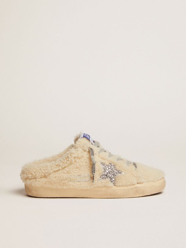 Mules Super-Star de shearling blanco con estrella con purpurina ...