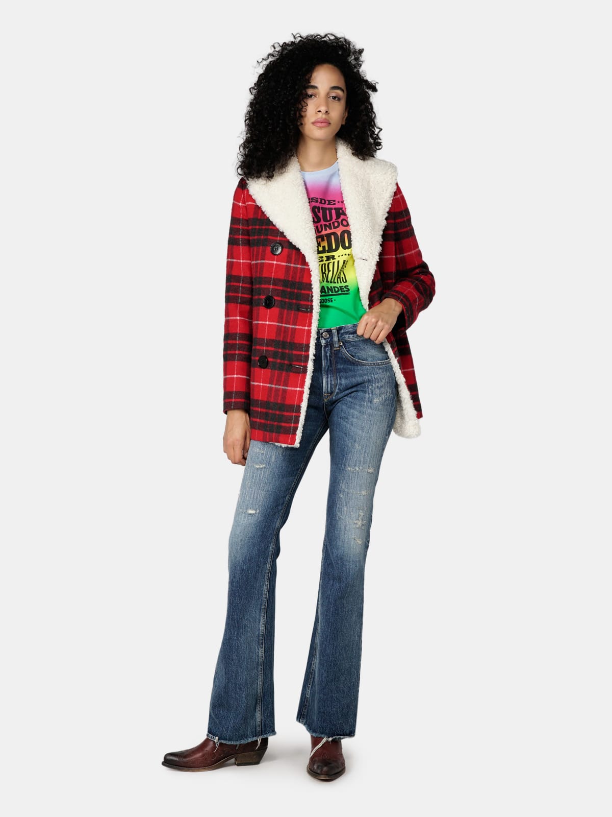 Alida pea coat in tartan with shearling lining | Golden Goose