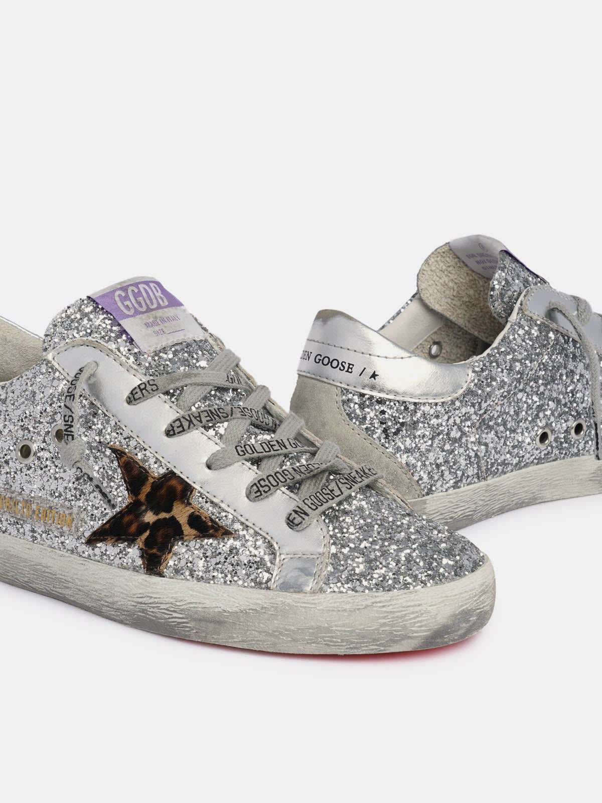 Super-Star sneakers with silver glitter and leopard-print pony skin ...