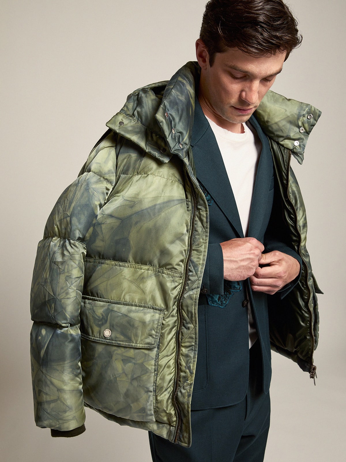Olive green padded jacket with hood | Golden Goose