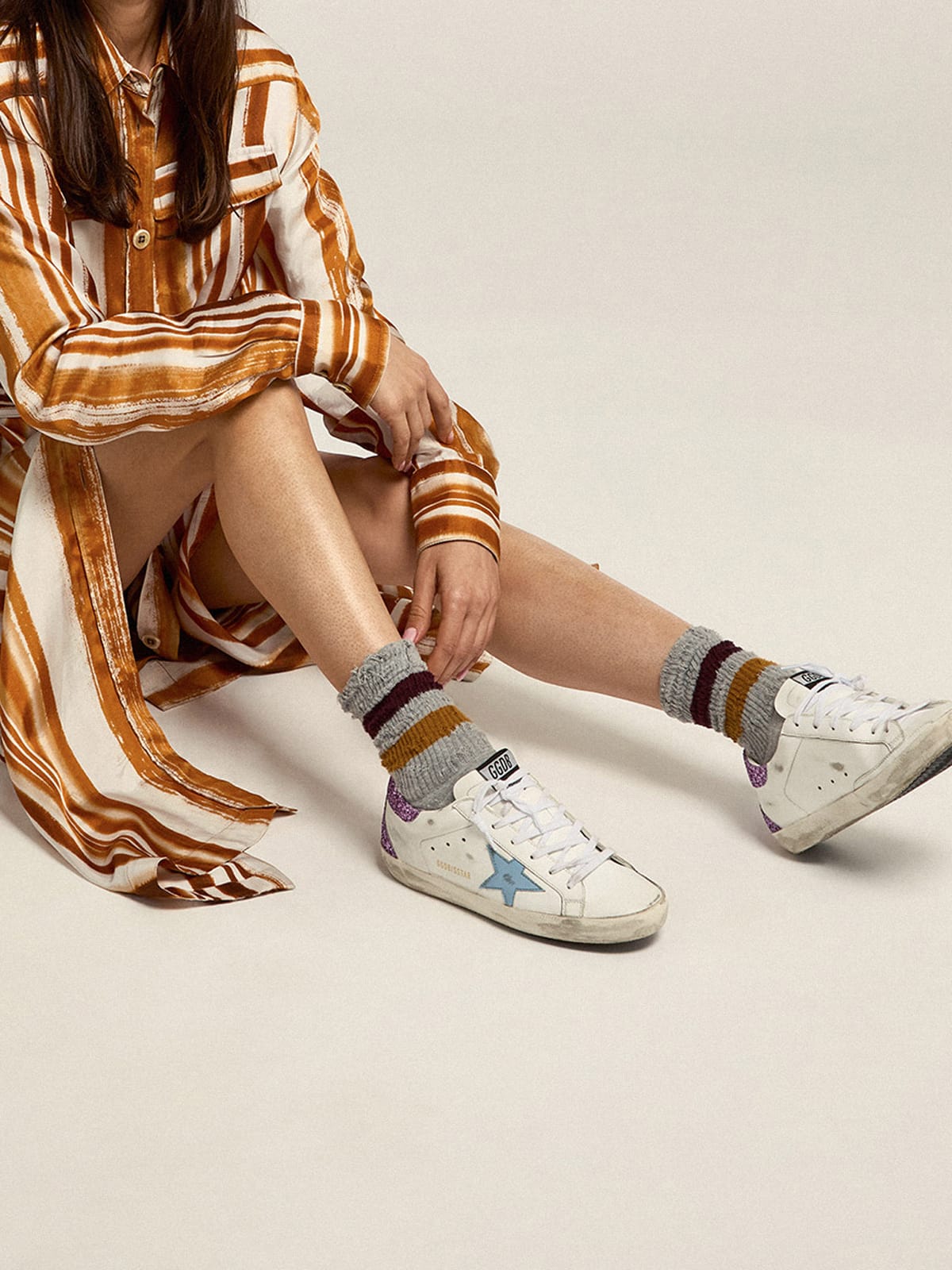 Super-Star sneakers with lavender glitter heel tab and light blue star ...