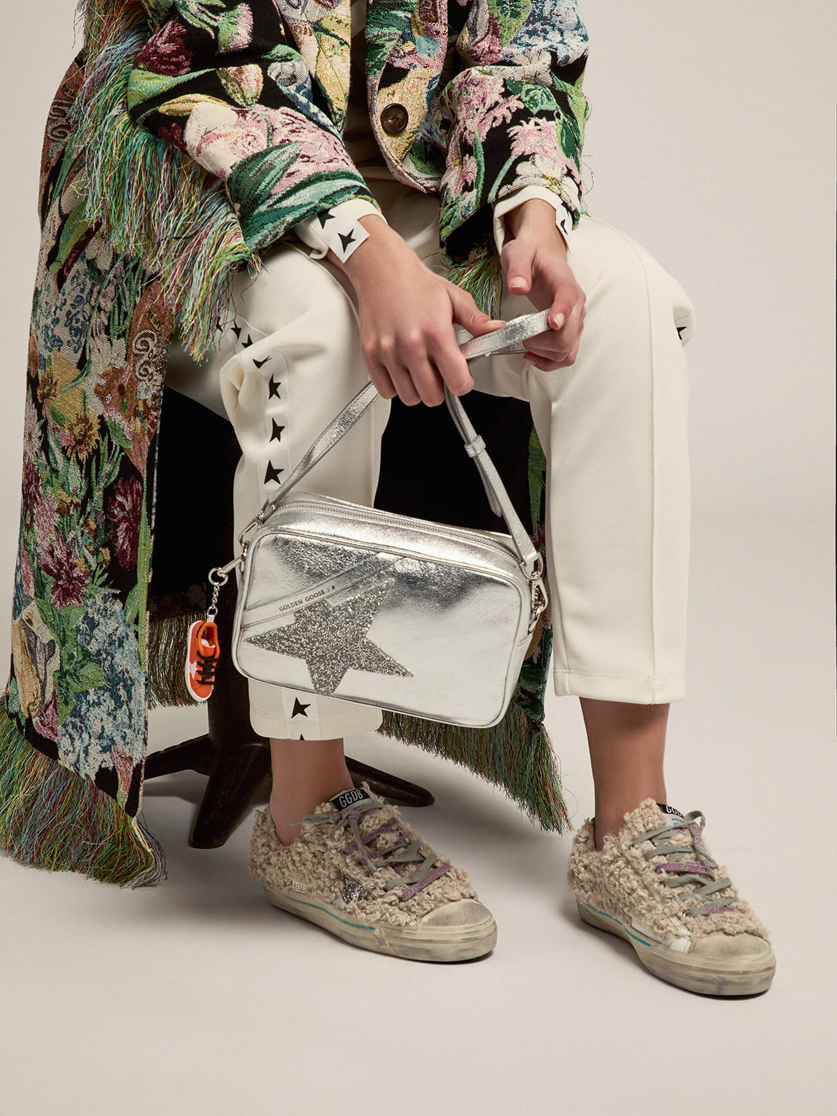 Beige shearling-effect V-Star LTD sneakers with silver glitter star ...