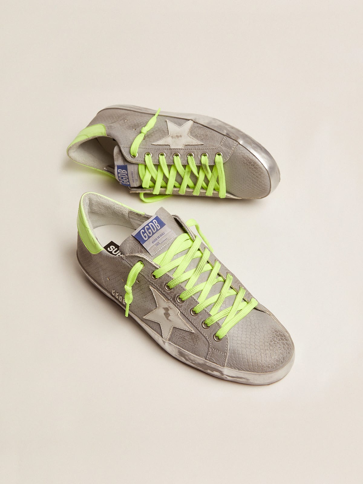 Super-Star sneakers in silver snake-print leather with fluorescent ...