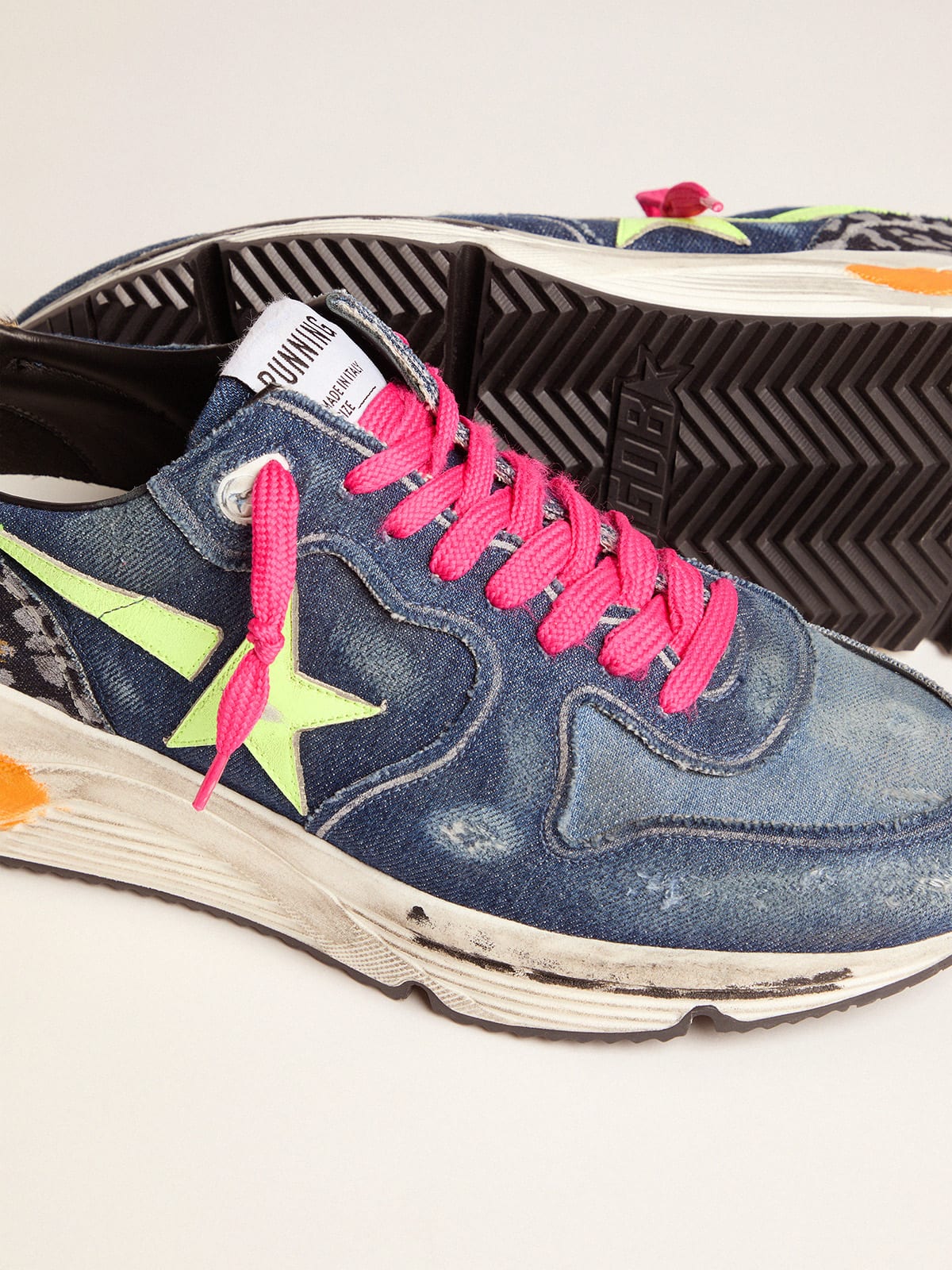 Denim Running Sole sneakers with a fluorescent star and pony skin heel ...