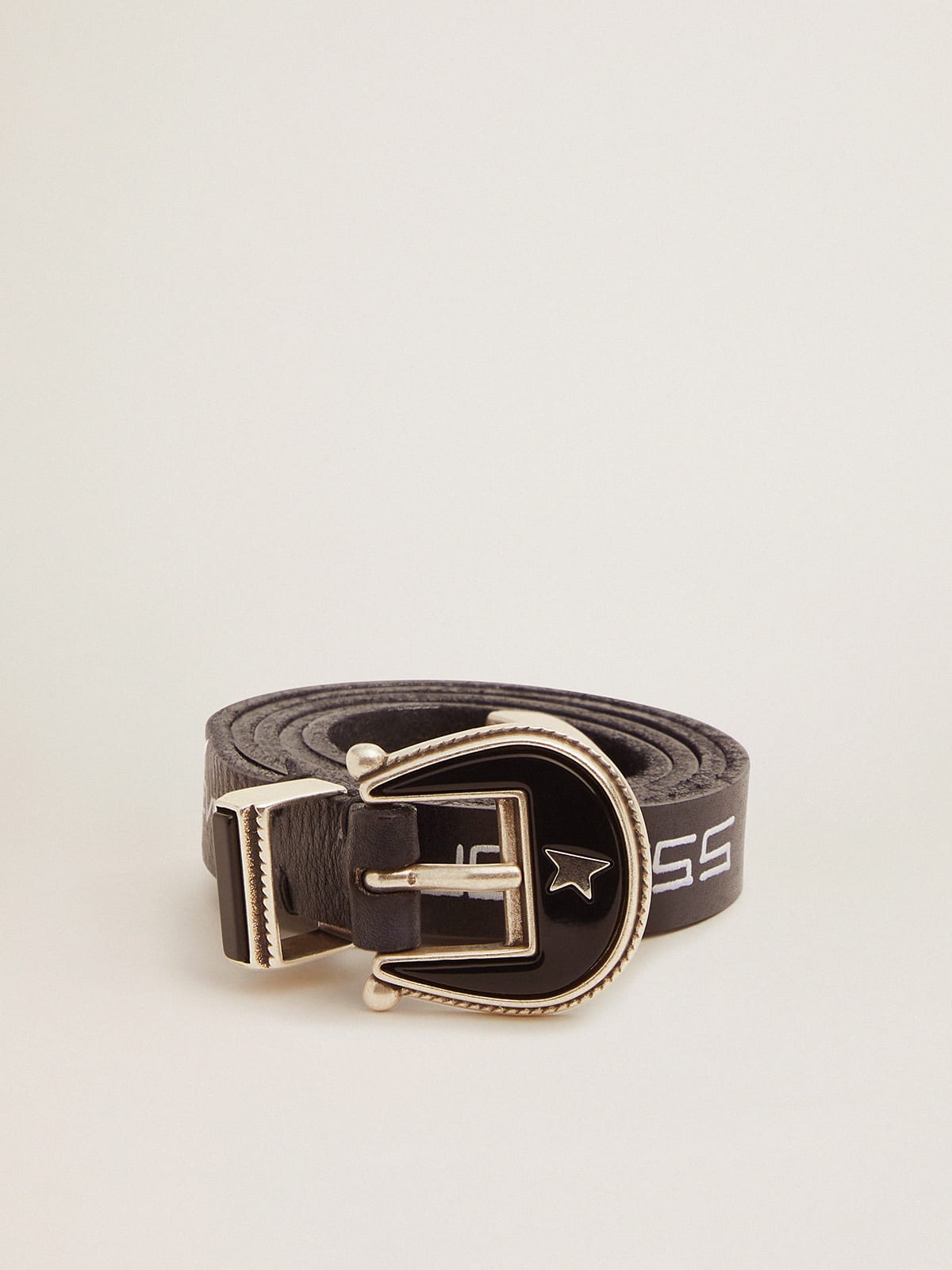 Rodeo belt in black leather with contrasting handwritten lettering ...