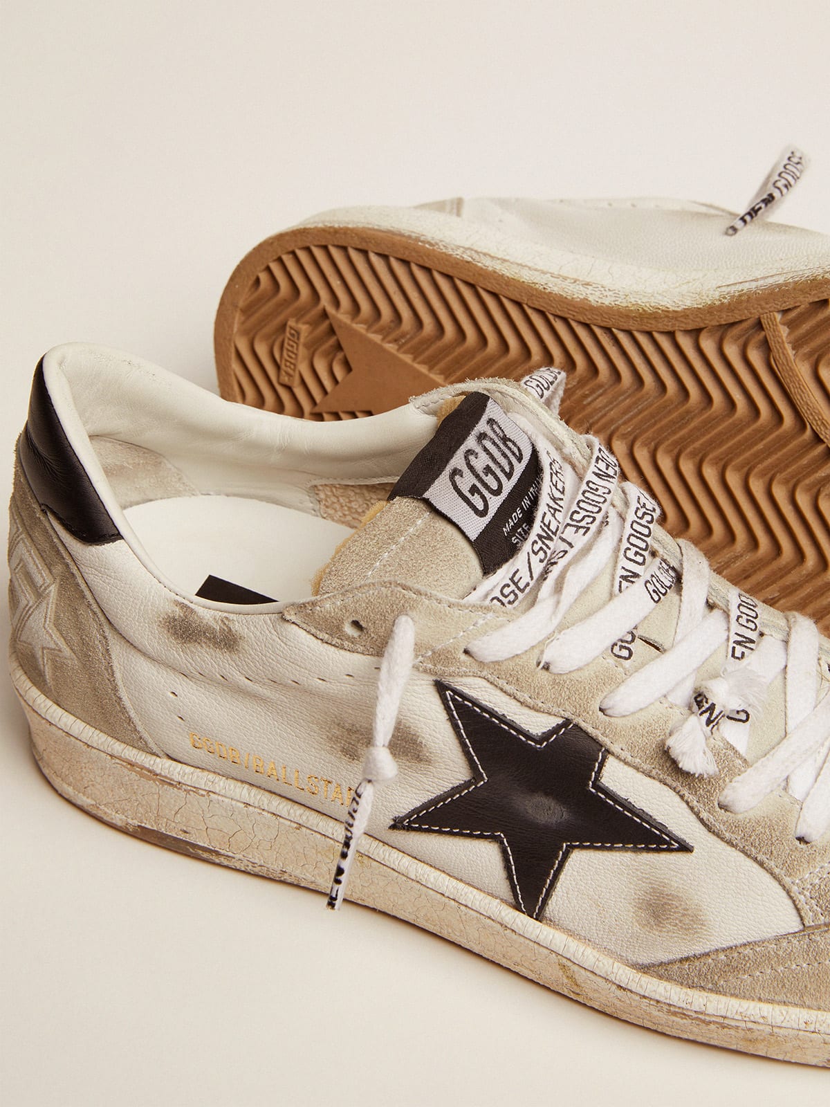 Ball Star sneakers in white leather and ice-gray suede with black ...