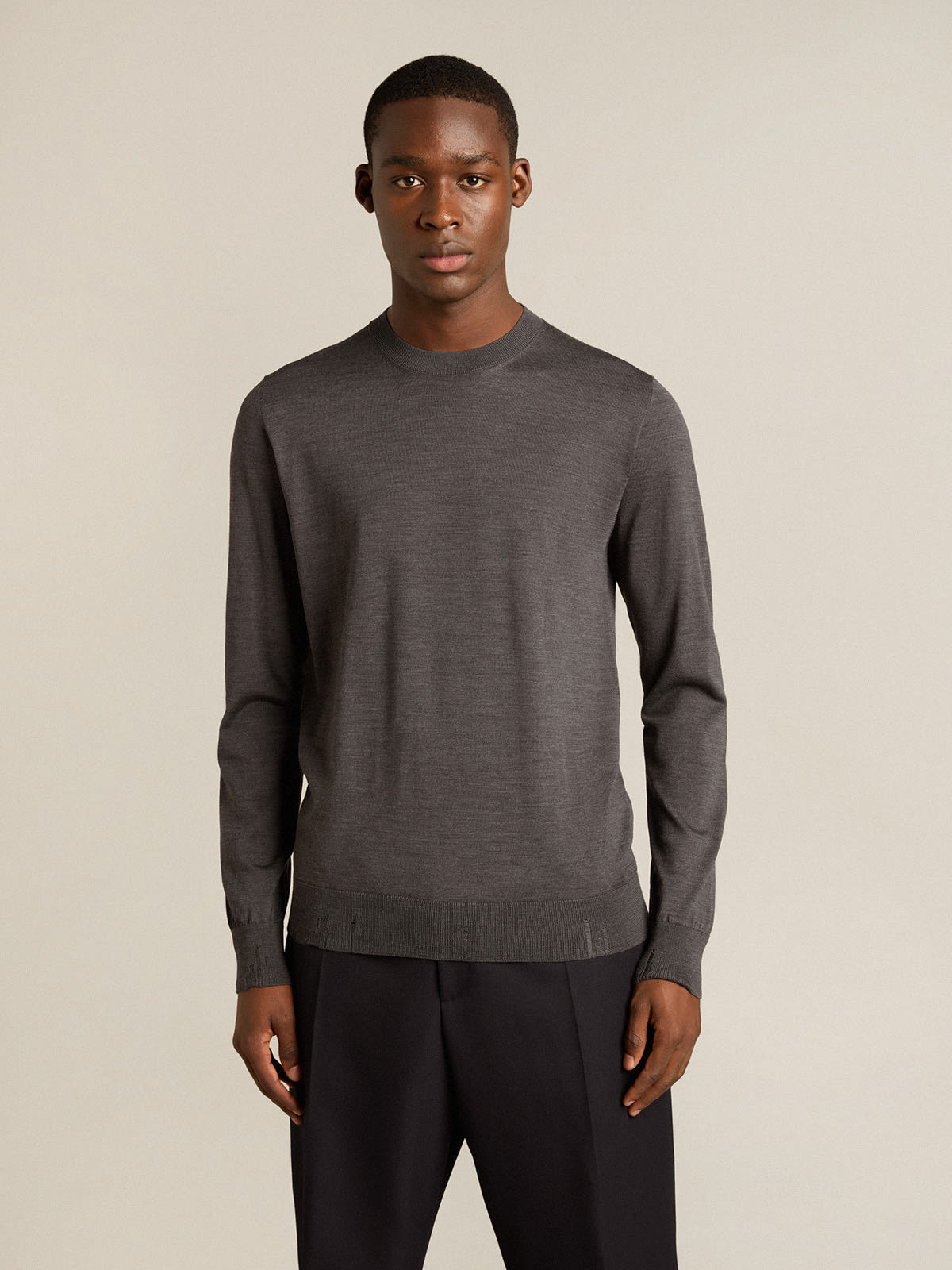 Round-neck sweater in dark gray melange wool | Golden Goose