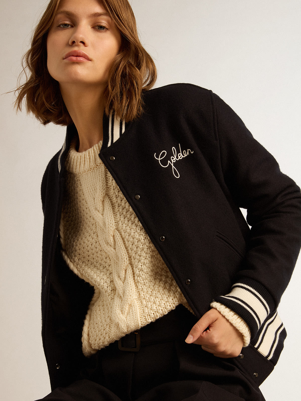 Women's bomber jacket in dark blue wool with white details | Golden Goose