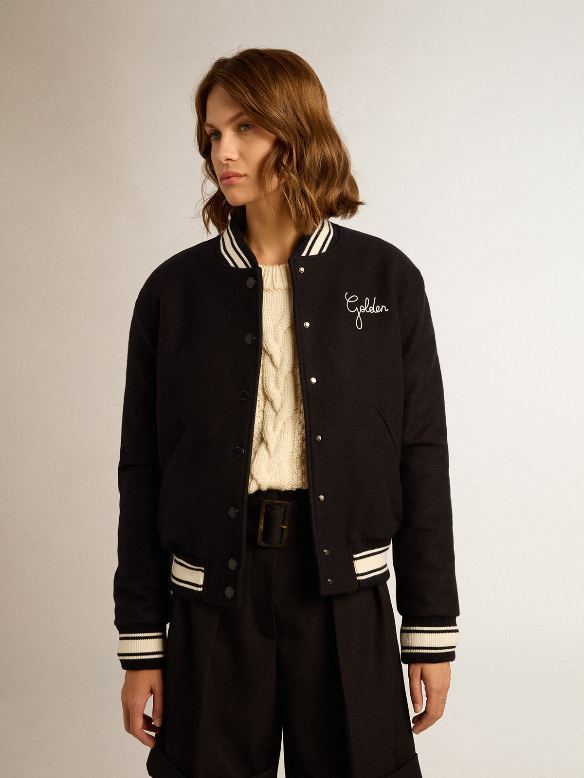 Bomber jacket in dark blue wool with contrasting white details | Golden ...