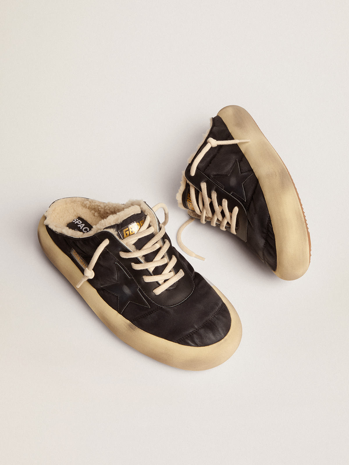 Space-Star Sabot shoes in quilted black nylon with shearling lining ...