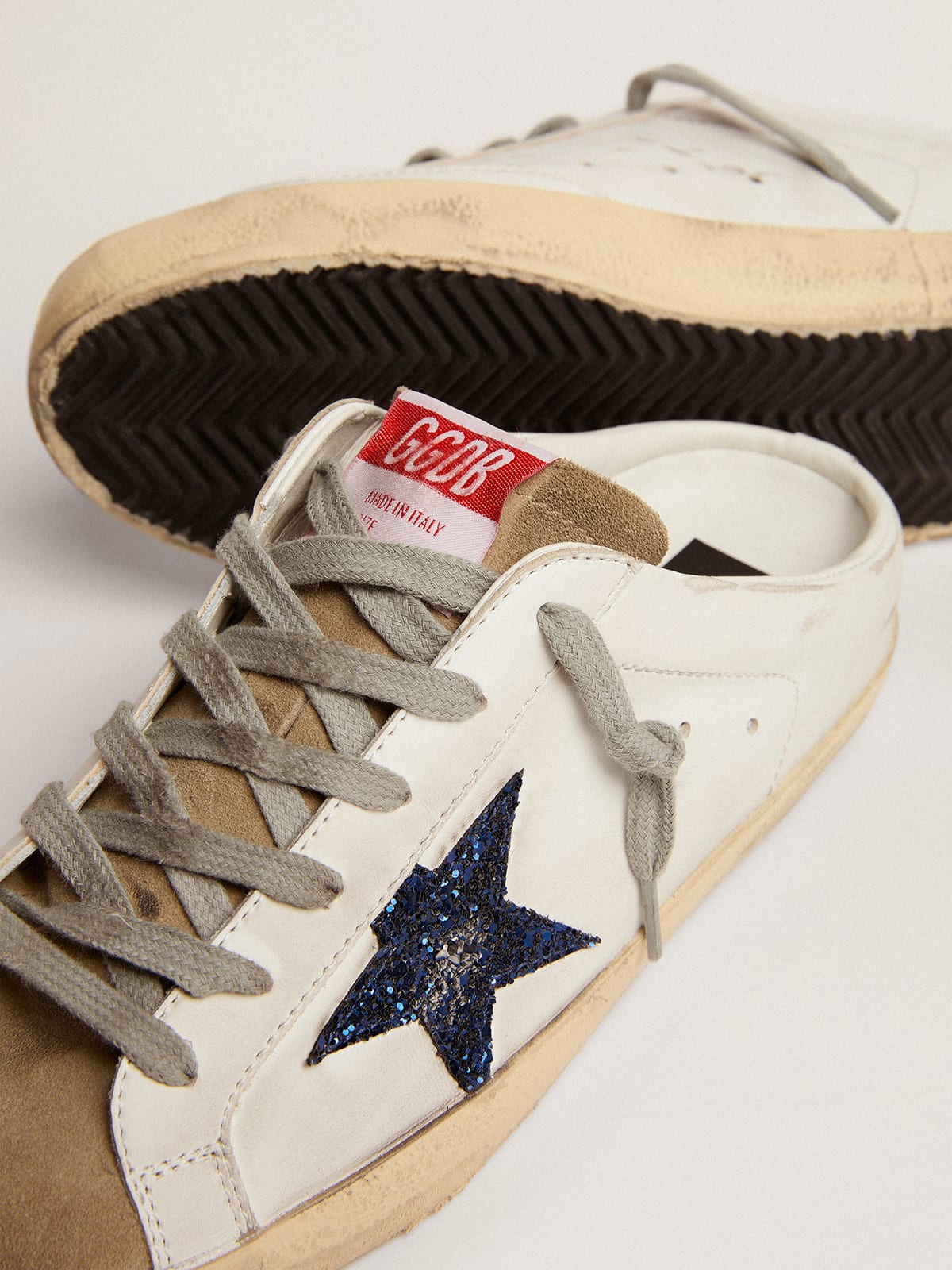 Super-Star Sabots in white leather with blue glitter star and dove-gray ...