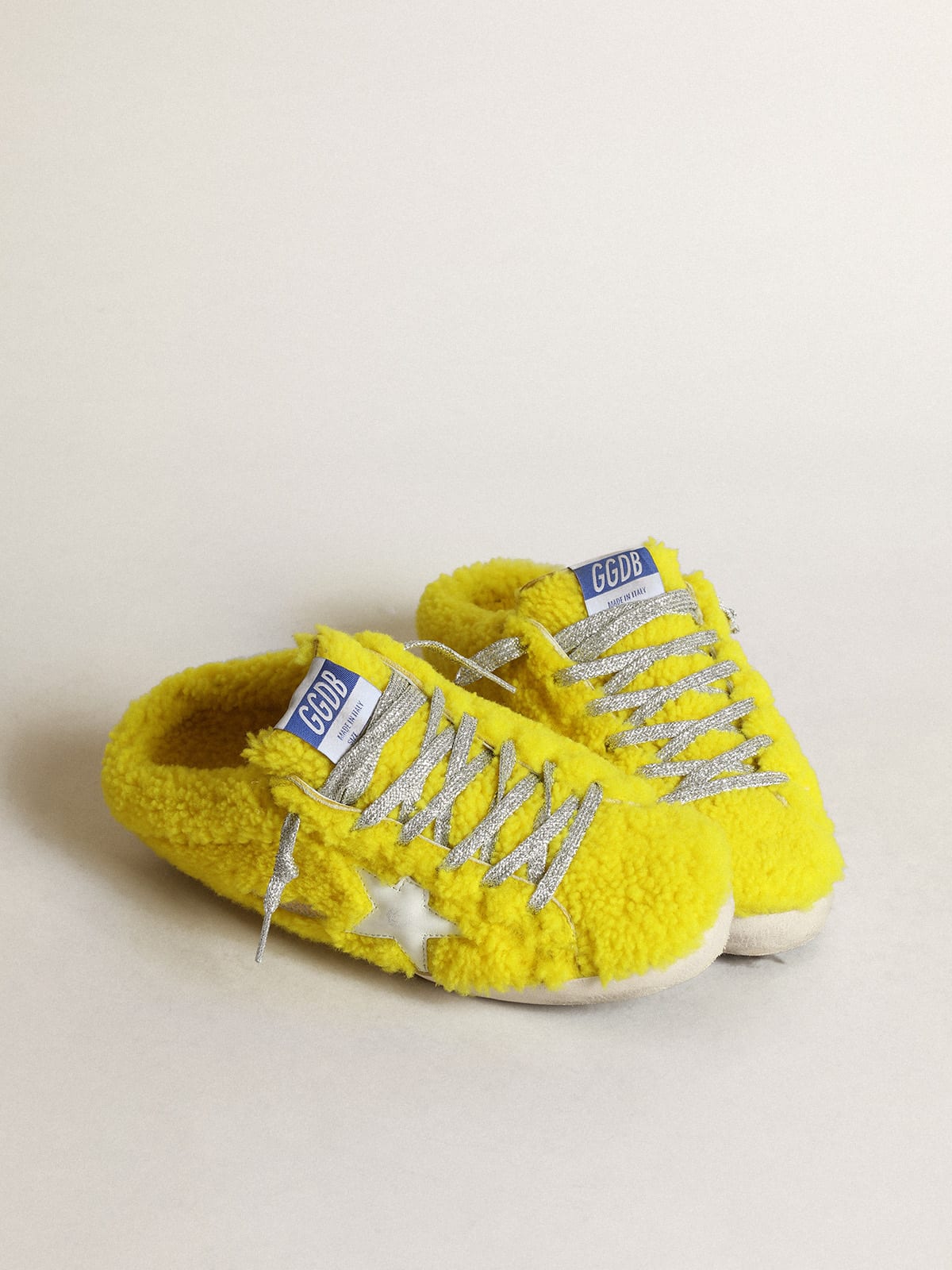Super-Star Sabots in fluorescent yellow shearling with white leather ...