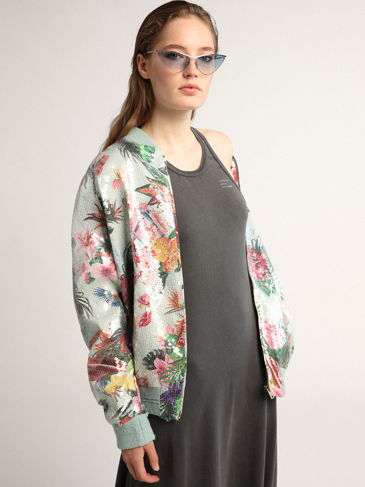 Journey Collection Erika bomber jacket with all-over tropical print and ...