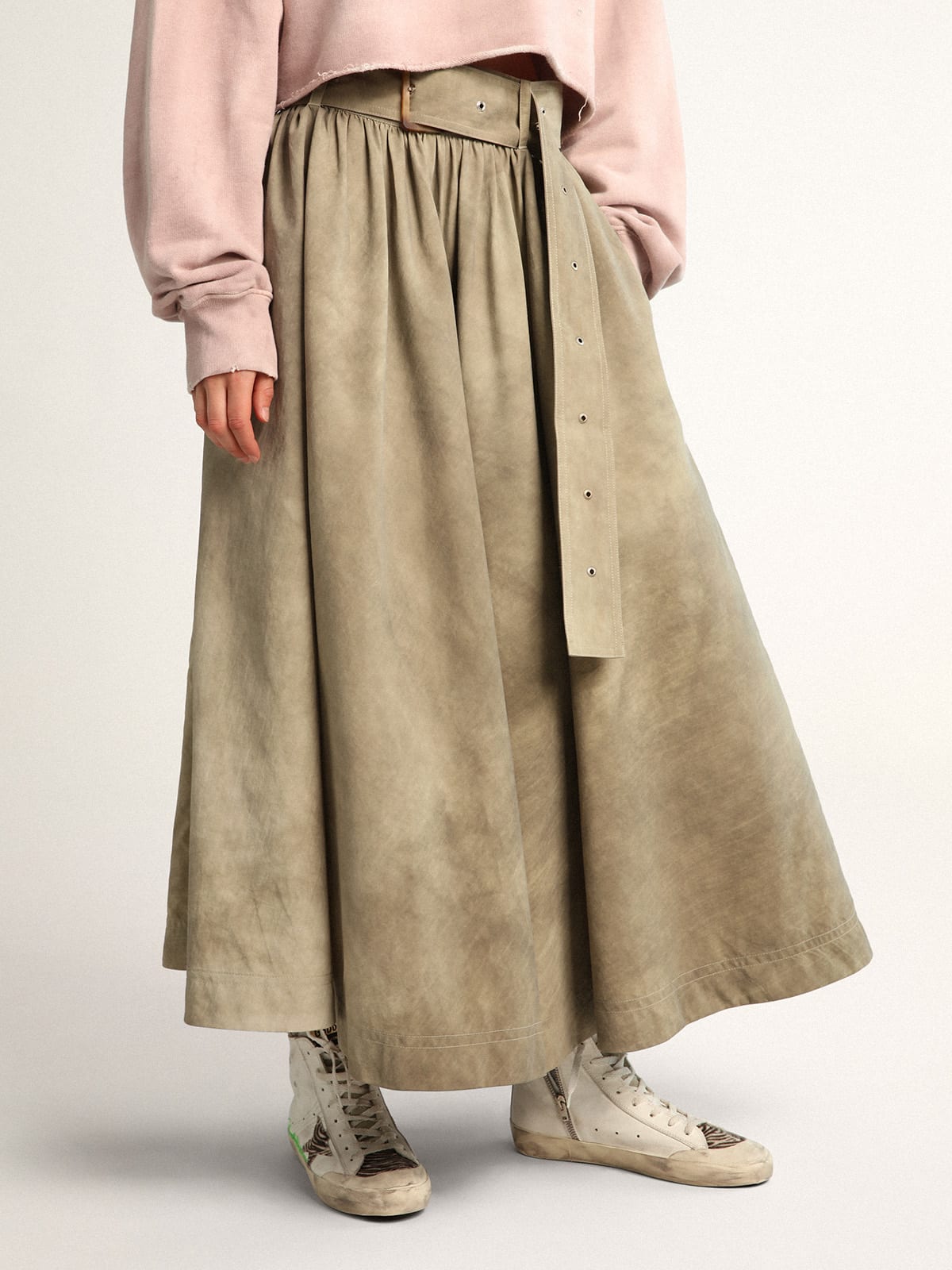 Journey Collection Etella bell-shaped skirt in hand-dyed military-green ...