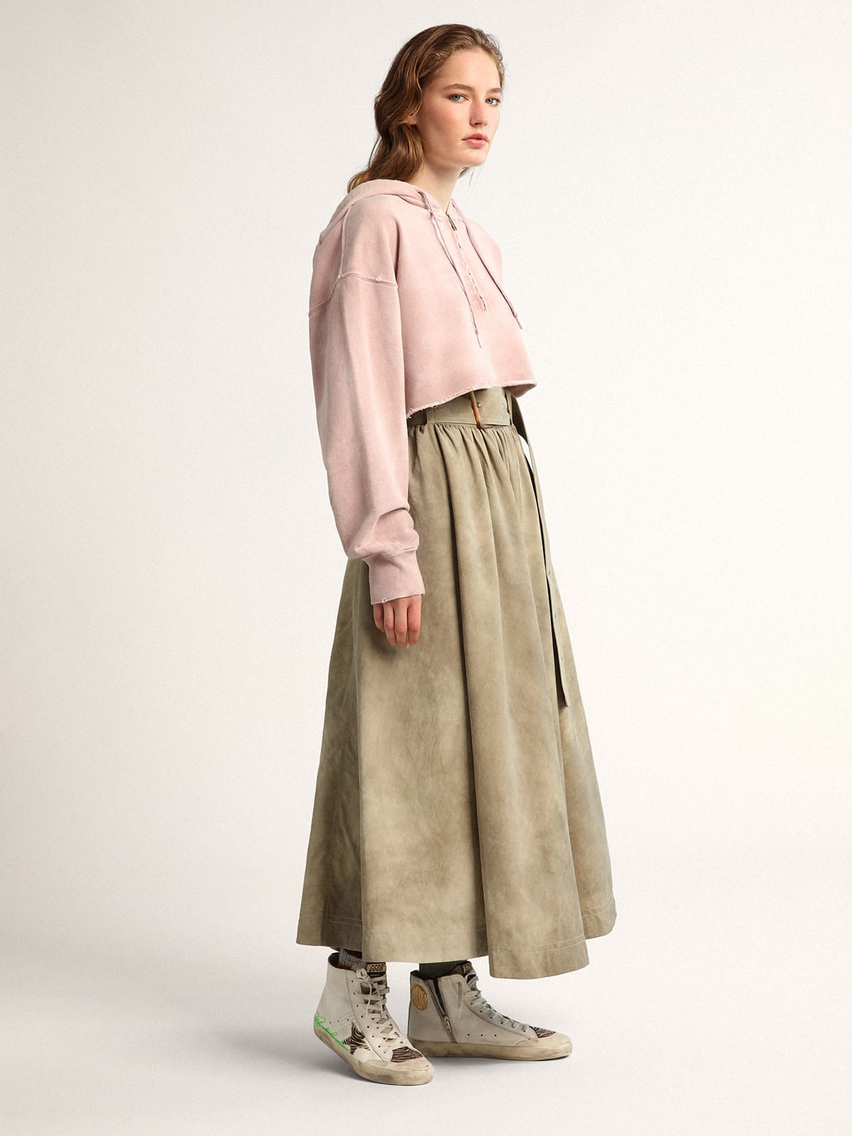 Journey Collection Etella bell-shaped skirt in hand-dyed military-green ...