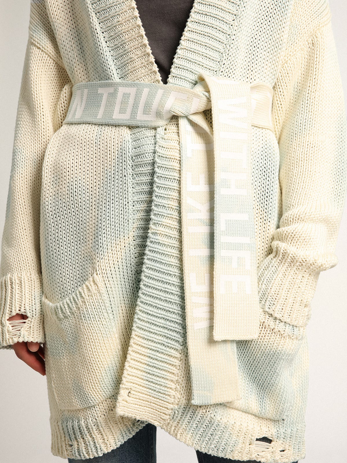 White distressed-finish Journey Collection cardigan with powder-blue ...