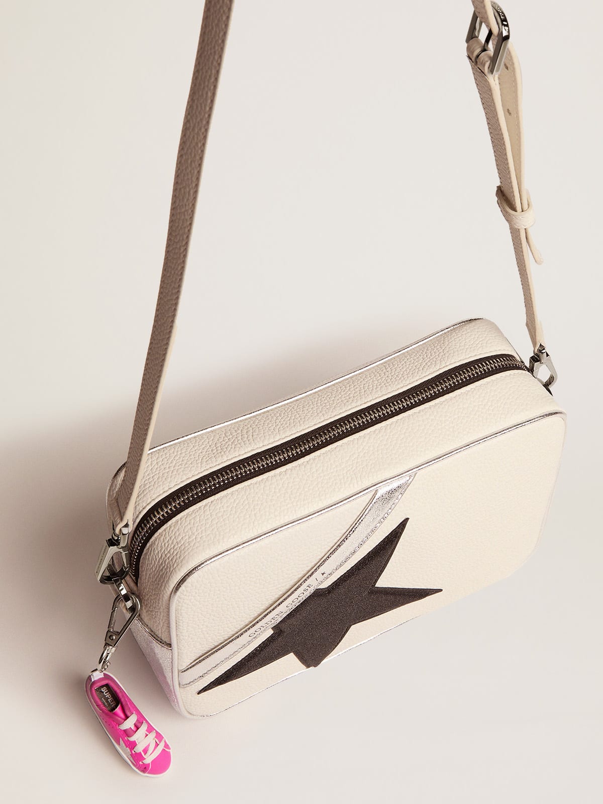 Star Bag in white hammered leather, metallic silver trim and black ...