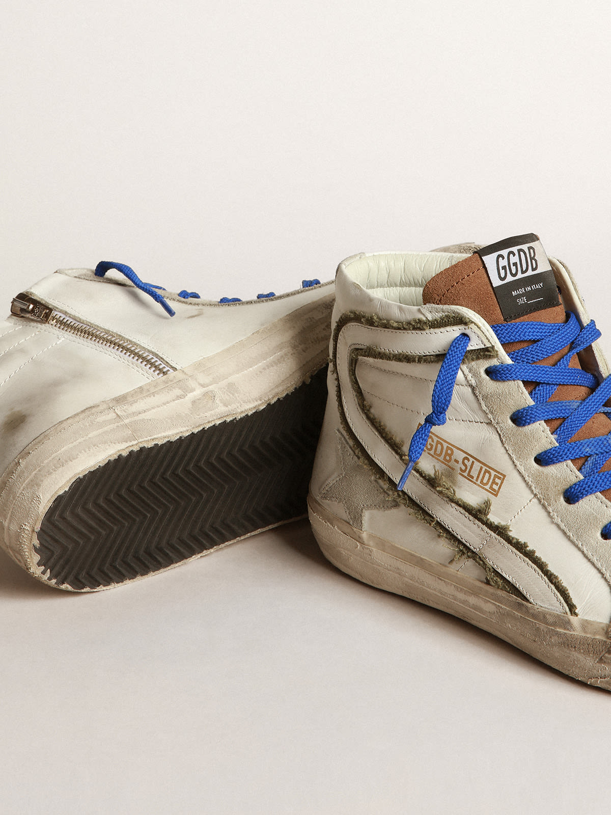 Slide in leather and suede with inserts in raw edge canvas | Golden Goose