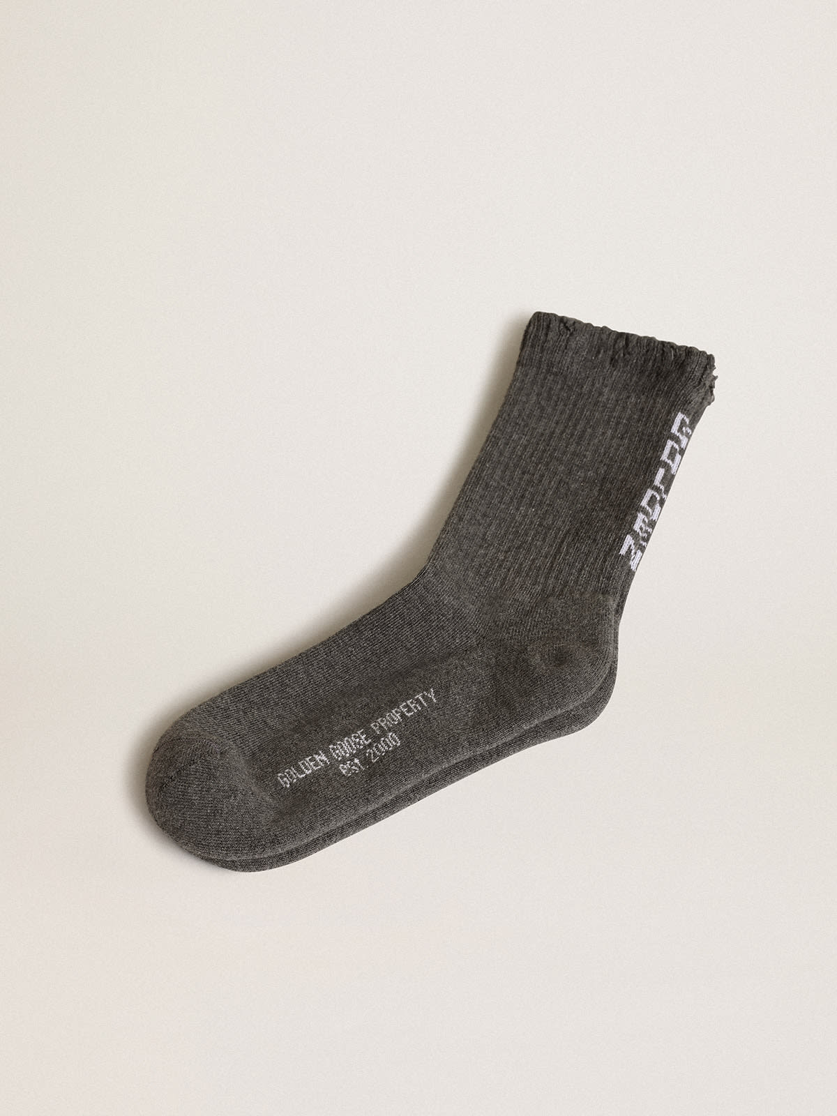 Anthracite-gray cotton socks with distressed finish and white ‘Golden ...