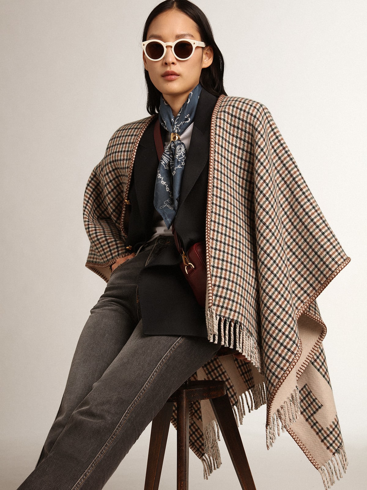 Poncho in double face cream-colored wool with check pattern and ...