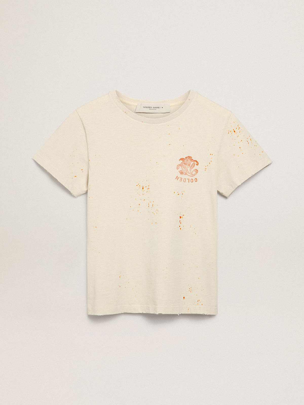 Bone-white Journey Collection T-shirt with Golden lettering and rust ...