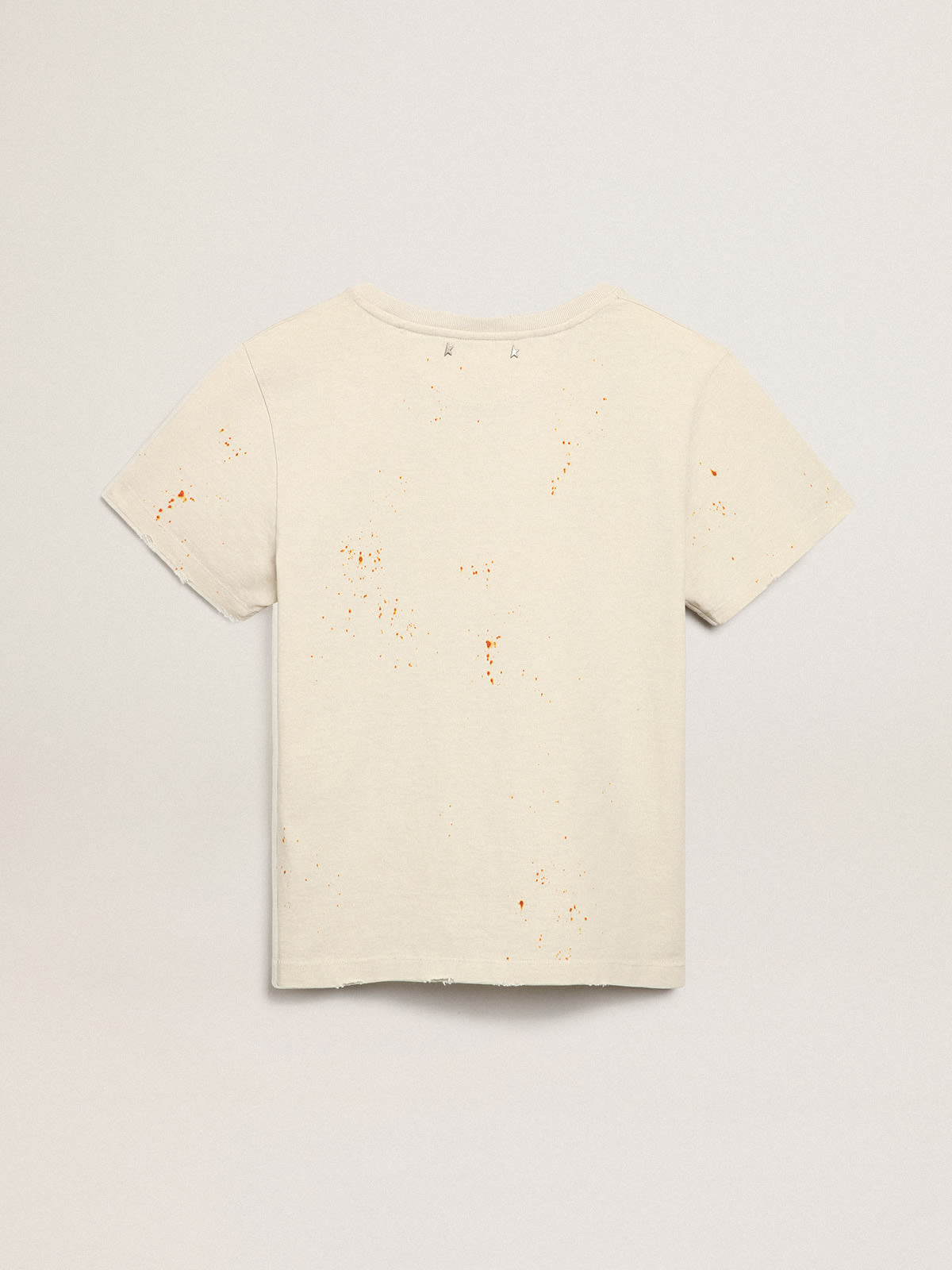 Bone-white Journey Collection T-shirt with Golden lettering and rust ...