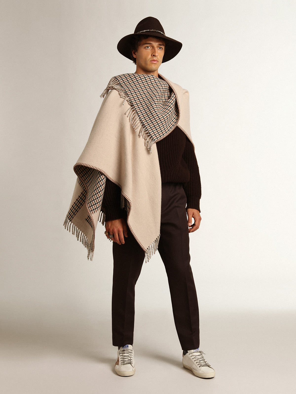 Poncho in double face cream-colored wool with check pattern and ...