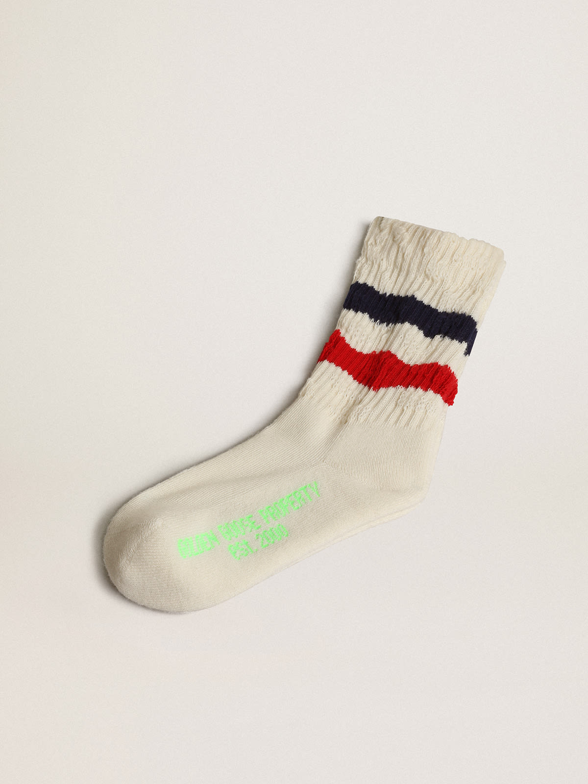 Socks in distressed-finish white cotton with red and navy stripes ...
