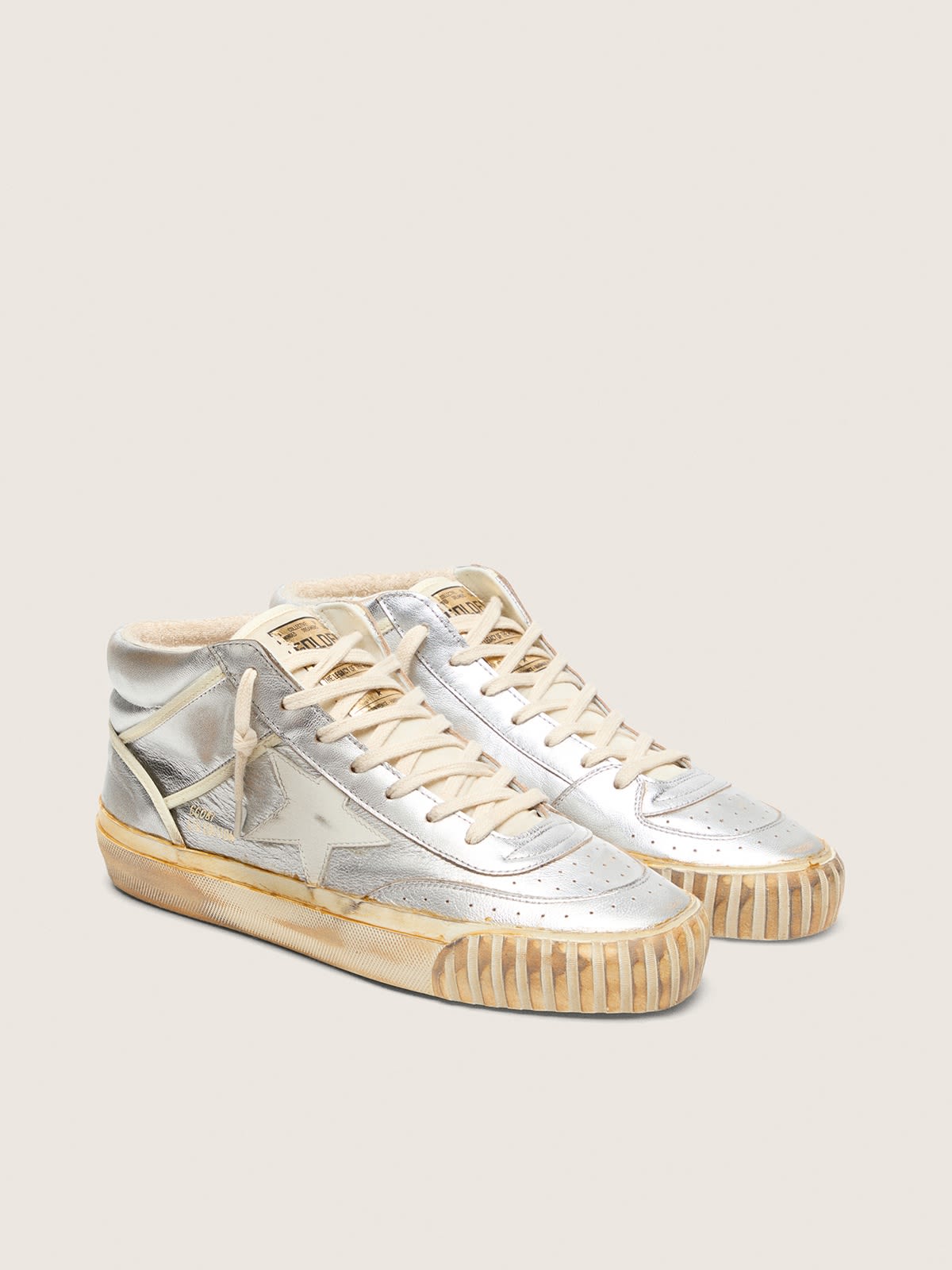 Men’s Mid Star in silver metallic leather with ivory star | Golden Goose