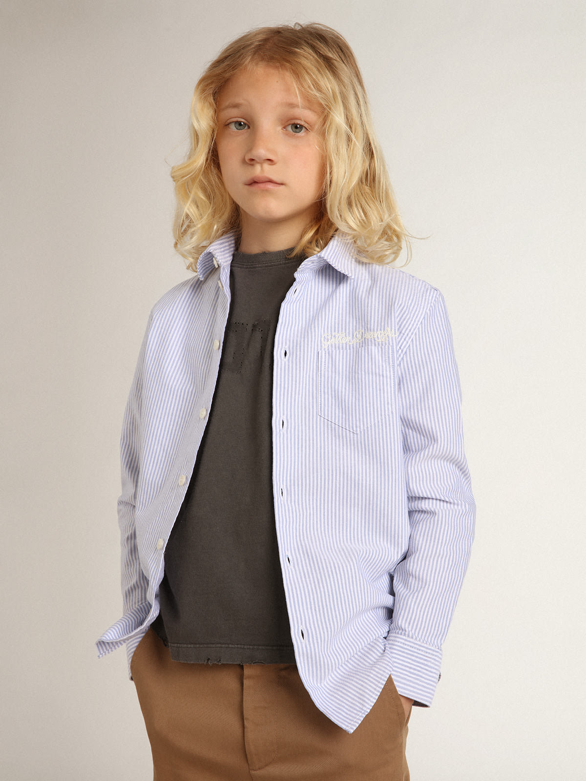 Boys’ shirt with light blue stripes | Golden Goose