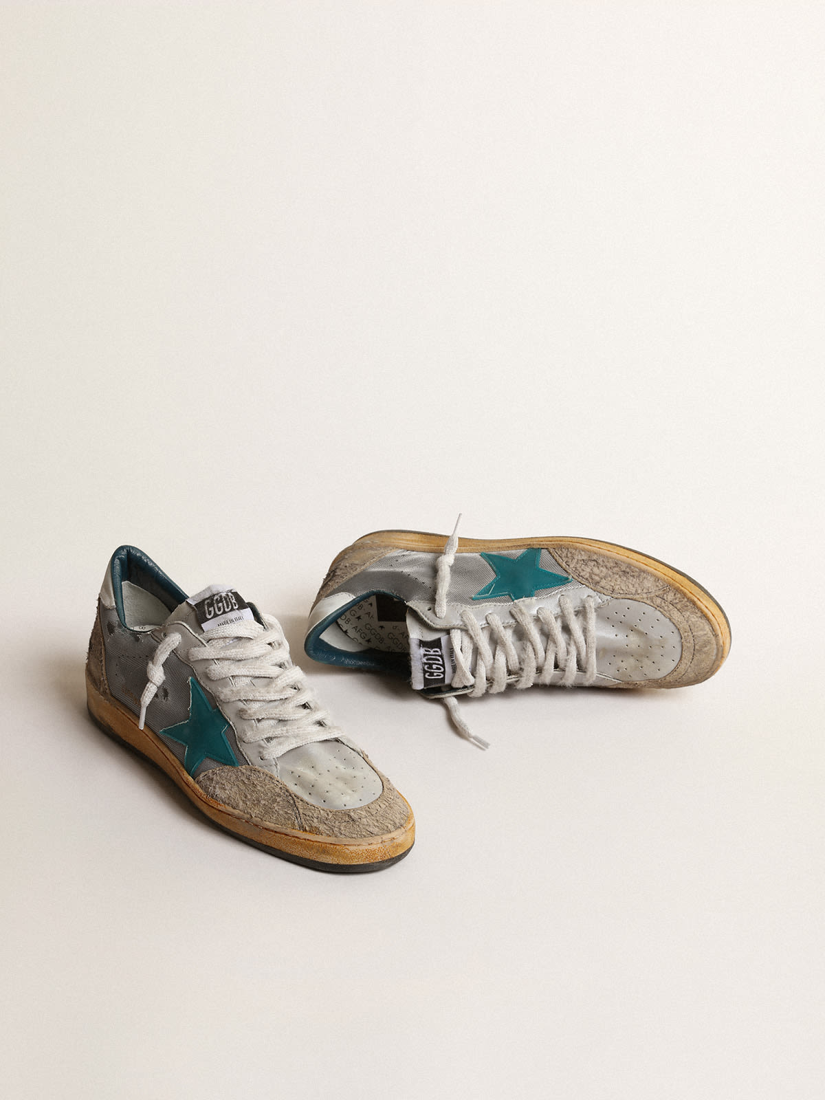 Women’s Ball Star LAB in gray nylon with aqua-green star | Golden Goose