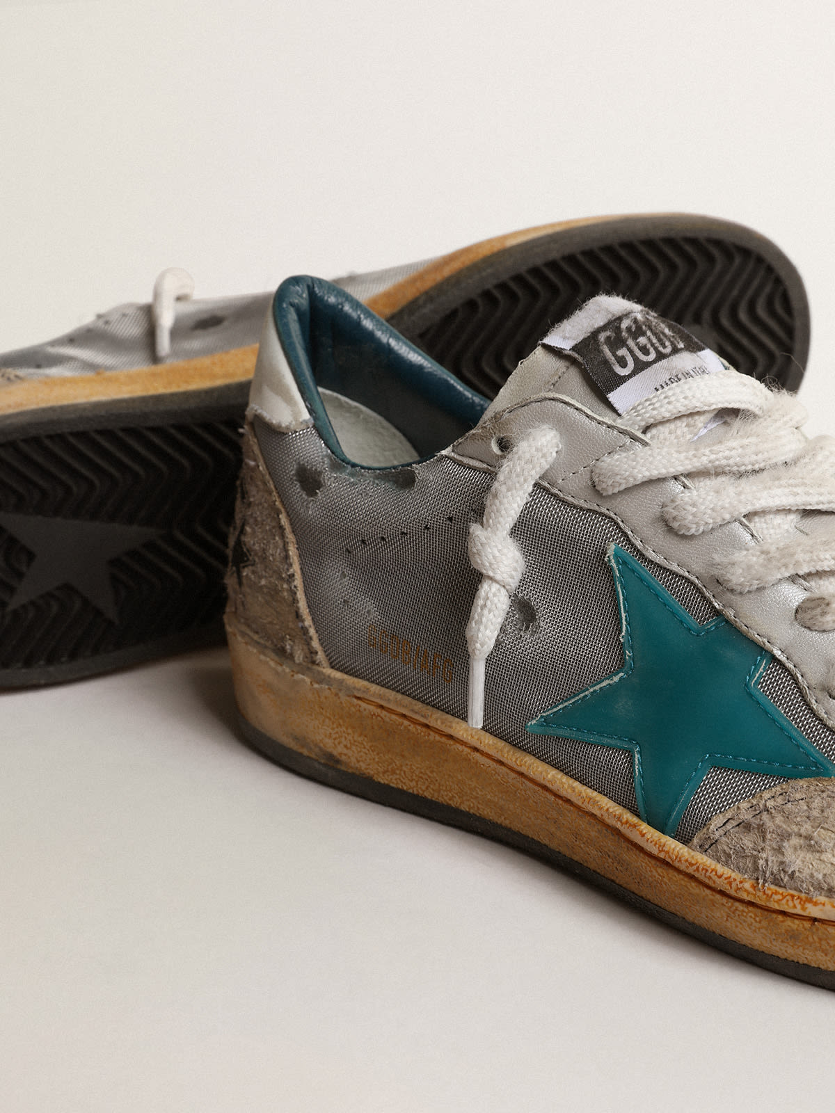 Women’s Ball Star LAB in gray nylon with aqua-green star | Golden Goose