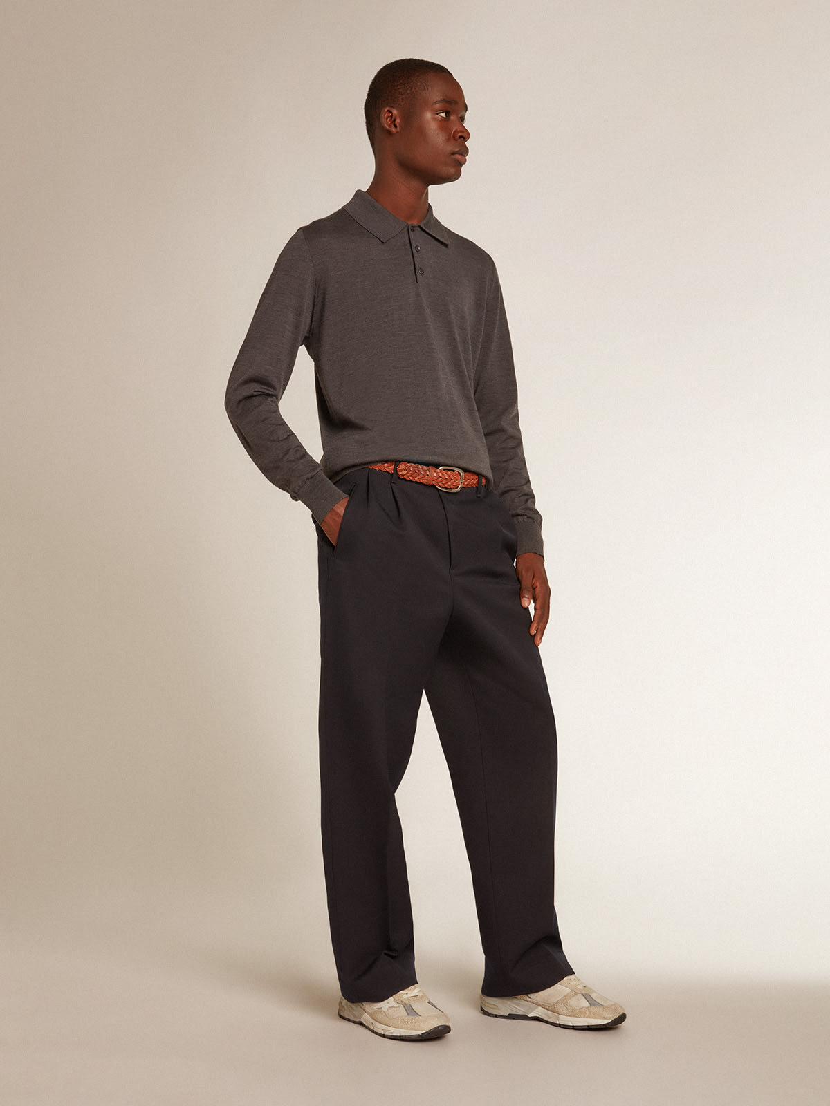 Men’s long-sleeved polo shirt in gray merino wool | Golden Goose