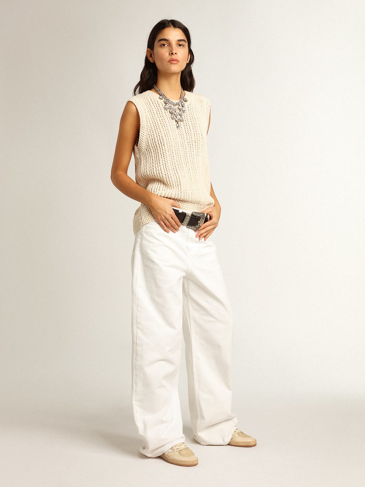 Top sin mangas de punto en color papiro | Golden Goose