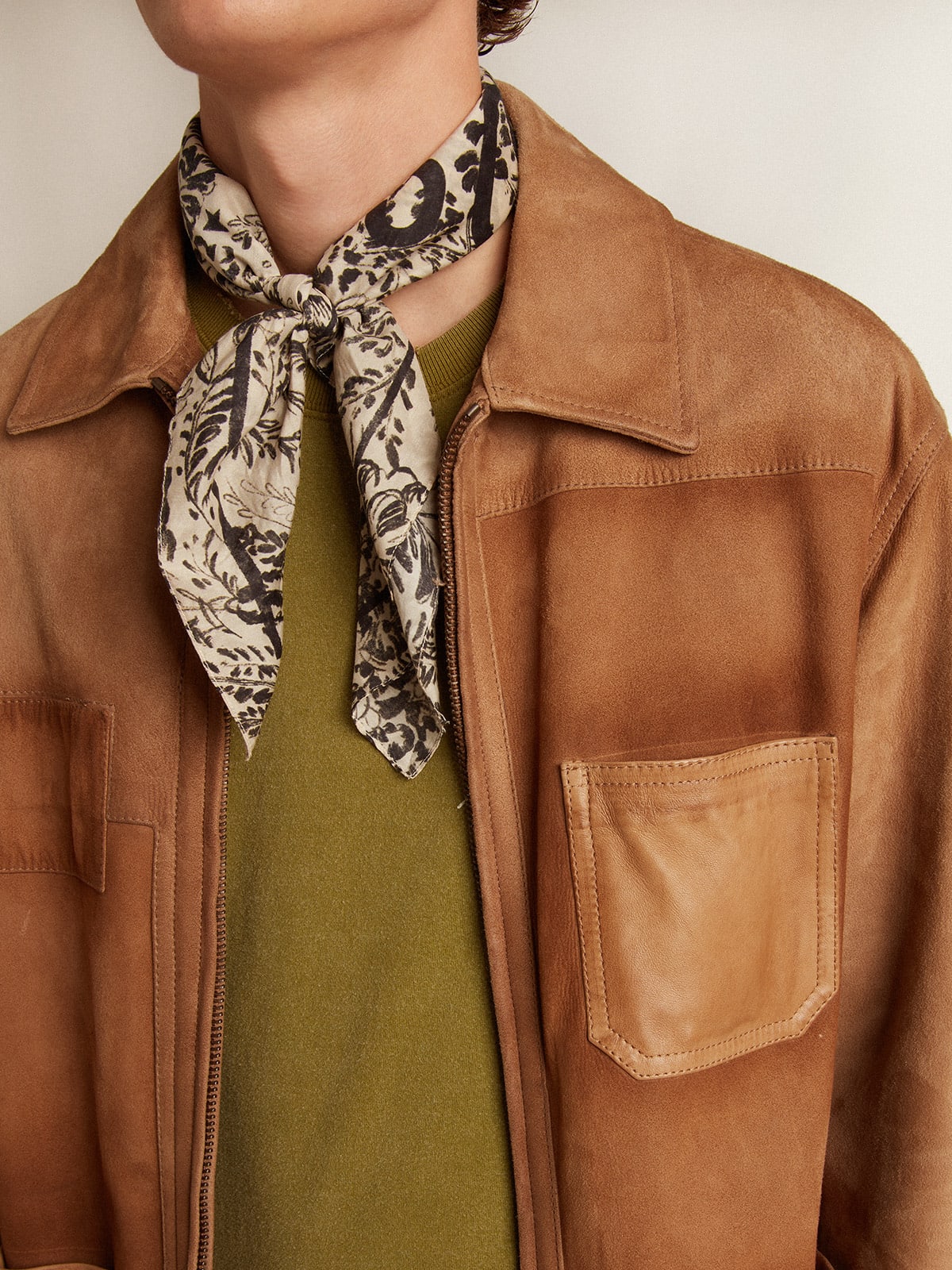 Sand-colored leather jacket with patches and zip fastening | Golden Goose