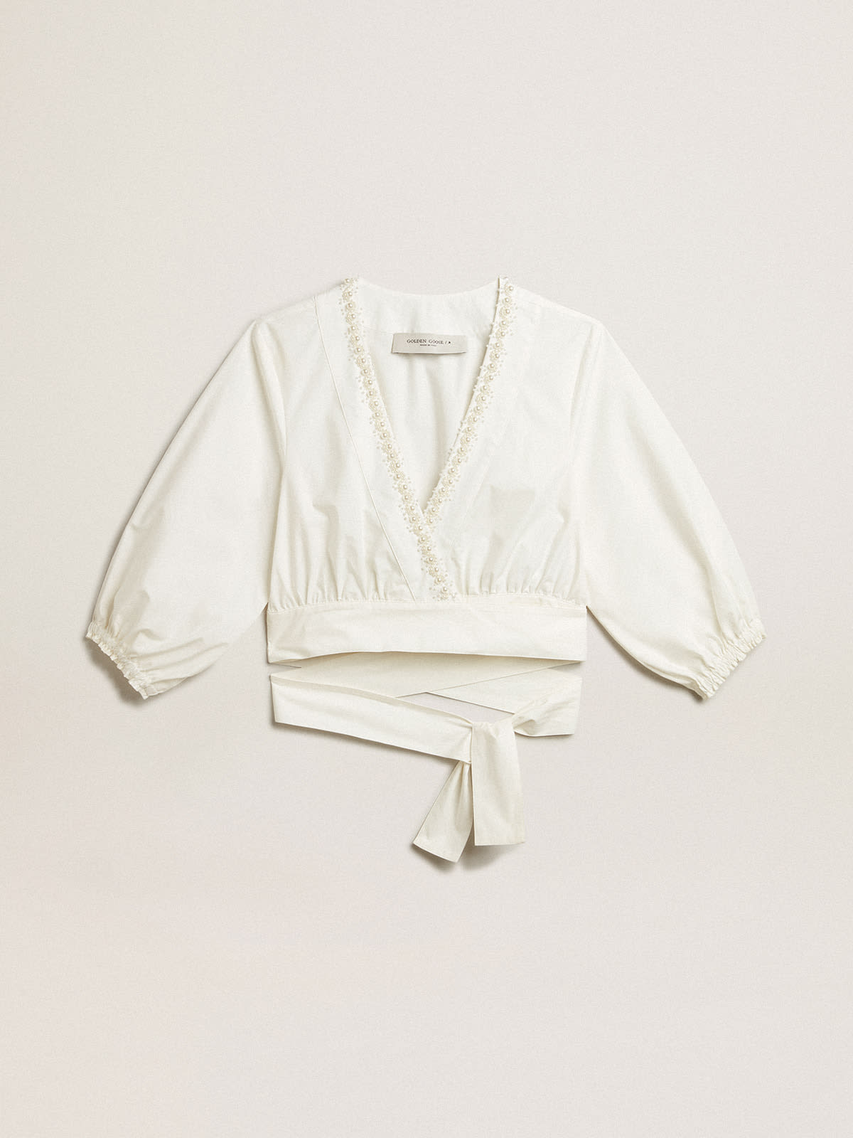 Top cropped in cotone con ricamo di perle | Golden Goose