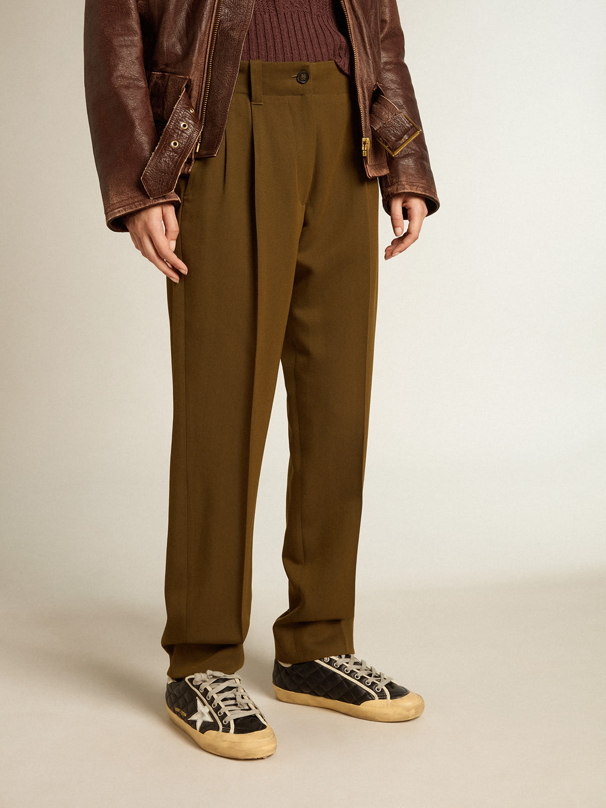 Beech-colored pants in wool and viscose blend | Golden Goose