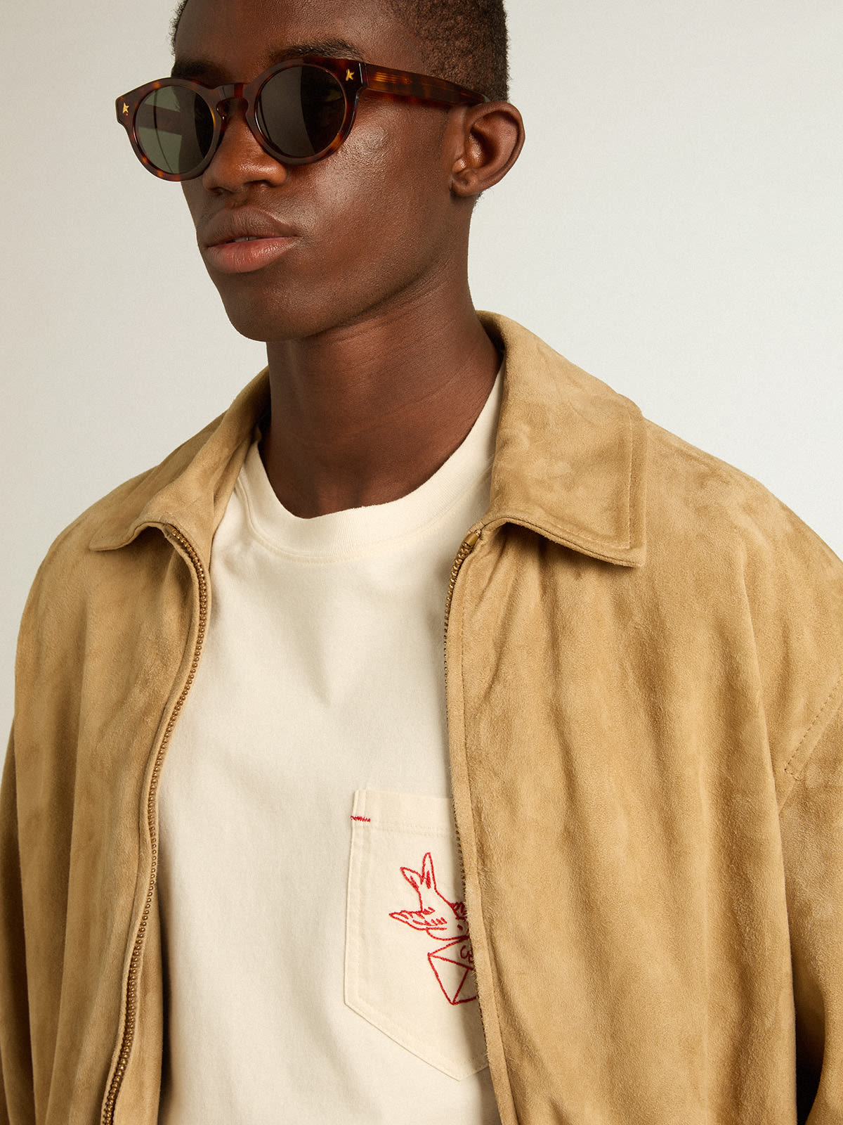 Beige-colored leather jacket with zip fastening | Golden Goose