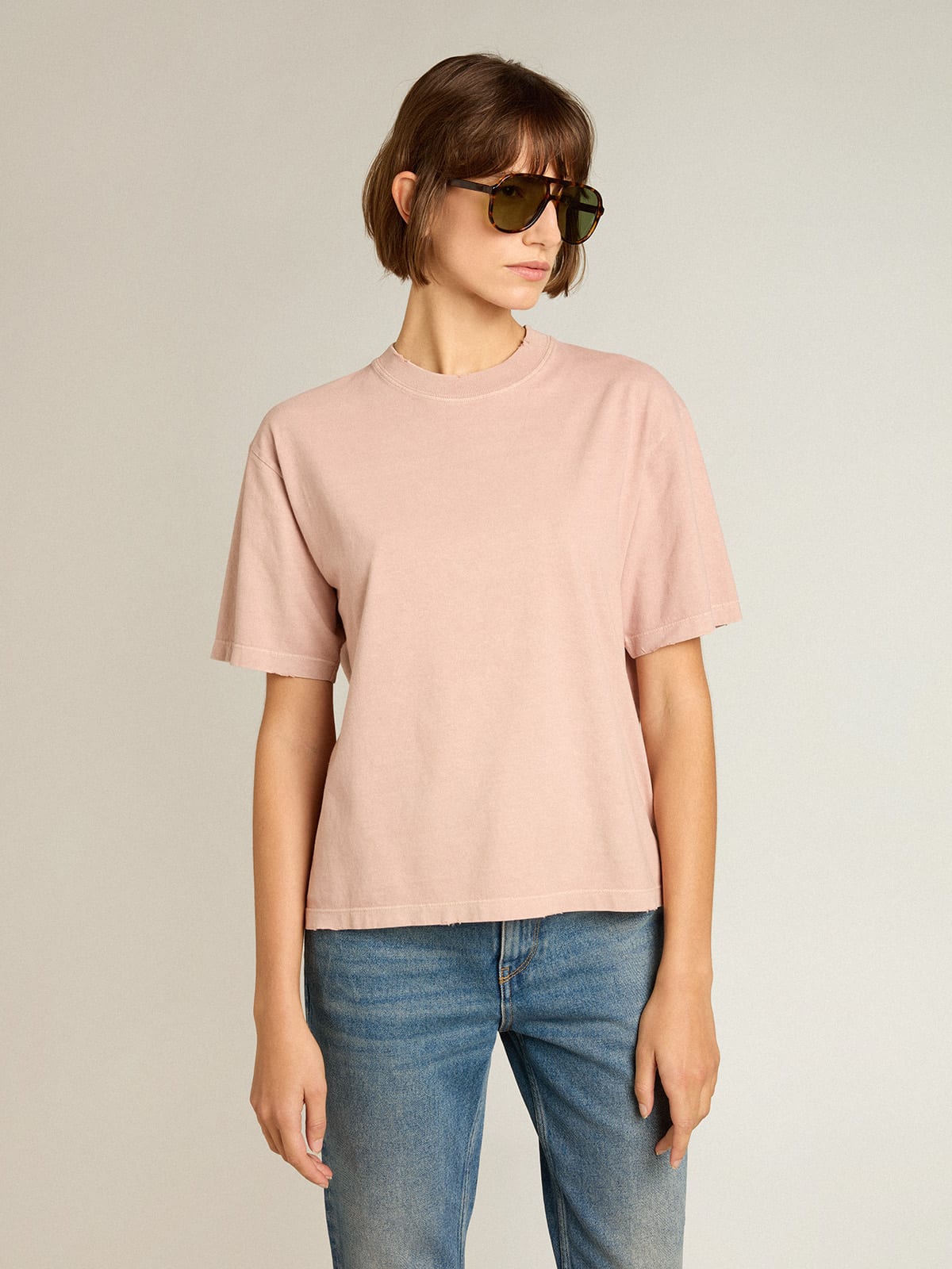 Powder-pink T-shirt with reverse logo on the back - Boxy fit | Golden Goose