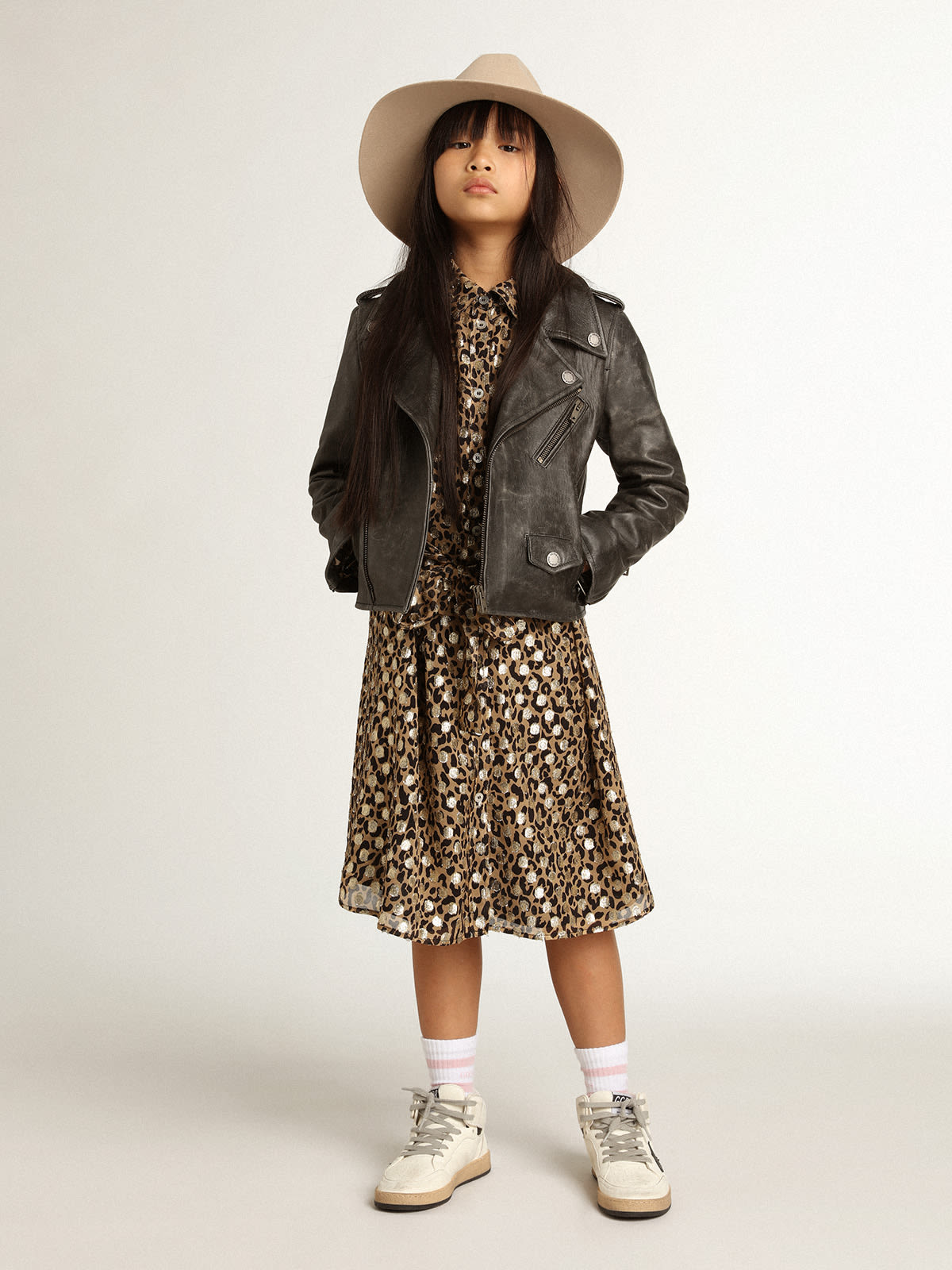 Girls’ shirt dress with animal print and gold plumetis | Golden Goose