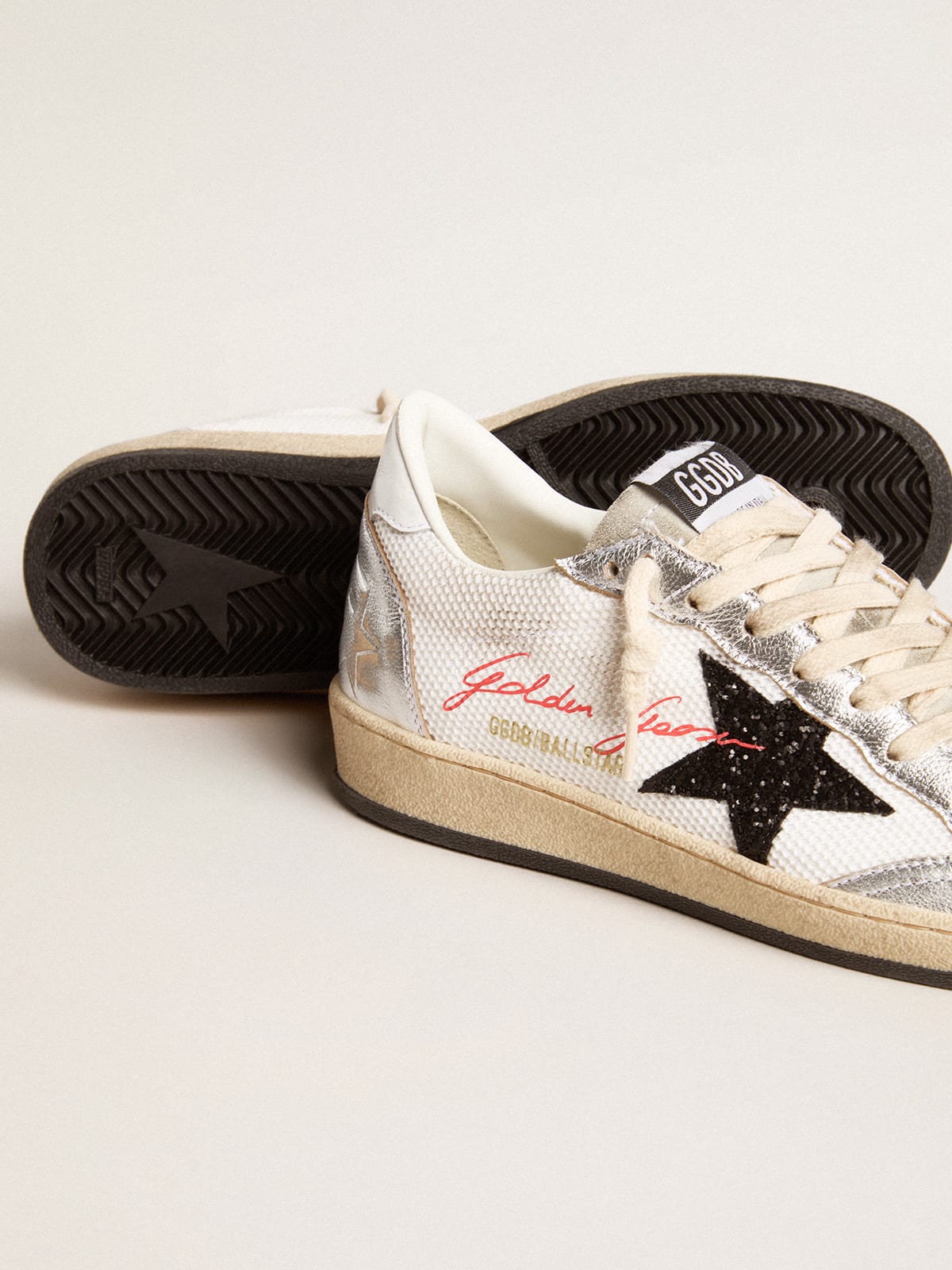 Ball Star in white mesh with black glitter star and silver inserts ...
