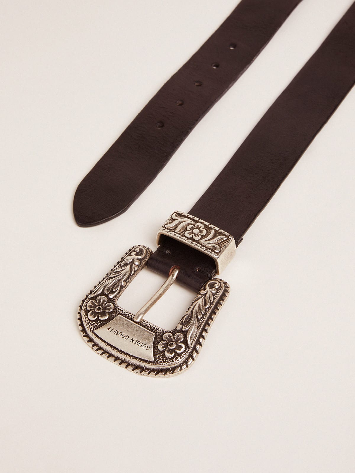 Women's belt in black leather with silver decorated buckle | Golden Goose
